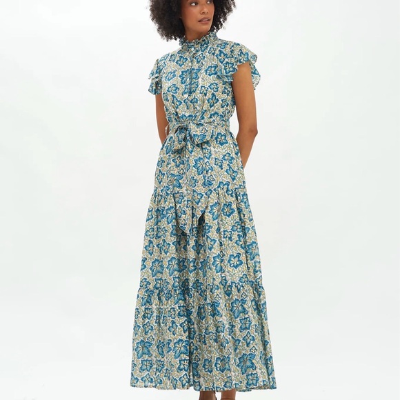 Oliphant | Dresses | Oliphant Blue And Cream Floral Maxi Dress With Tie ...